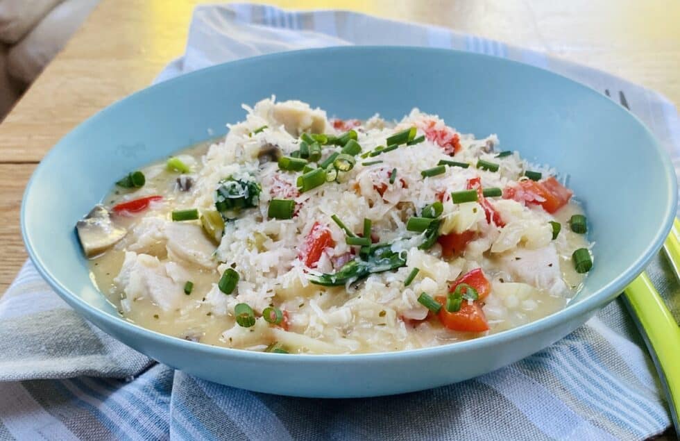 Chicken and vegetable risotto made from leftover roasted chicken.